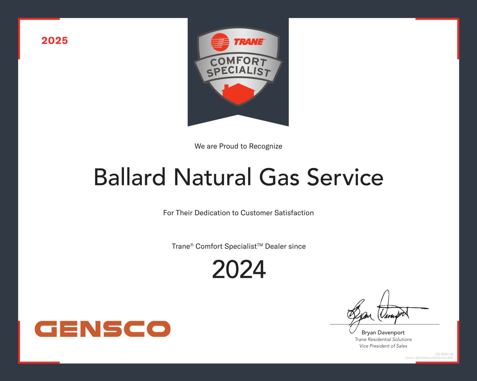 Trane Comfort Certificate | Ballard Natural Gas